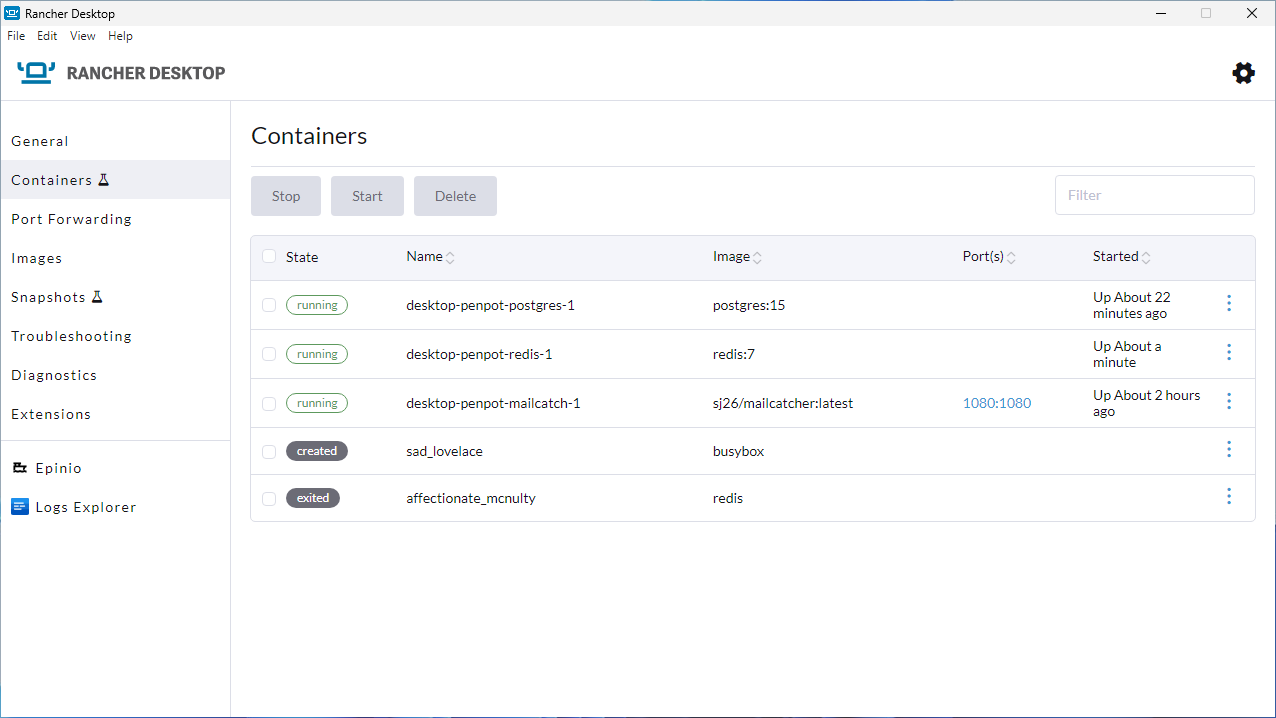 Rancher Desktop: Snapshots | Container Dashboard
