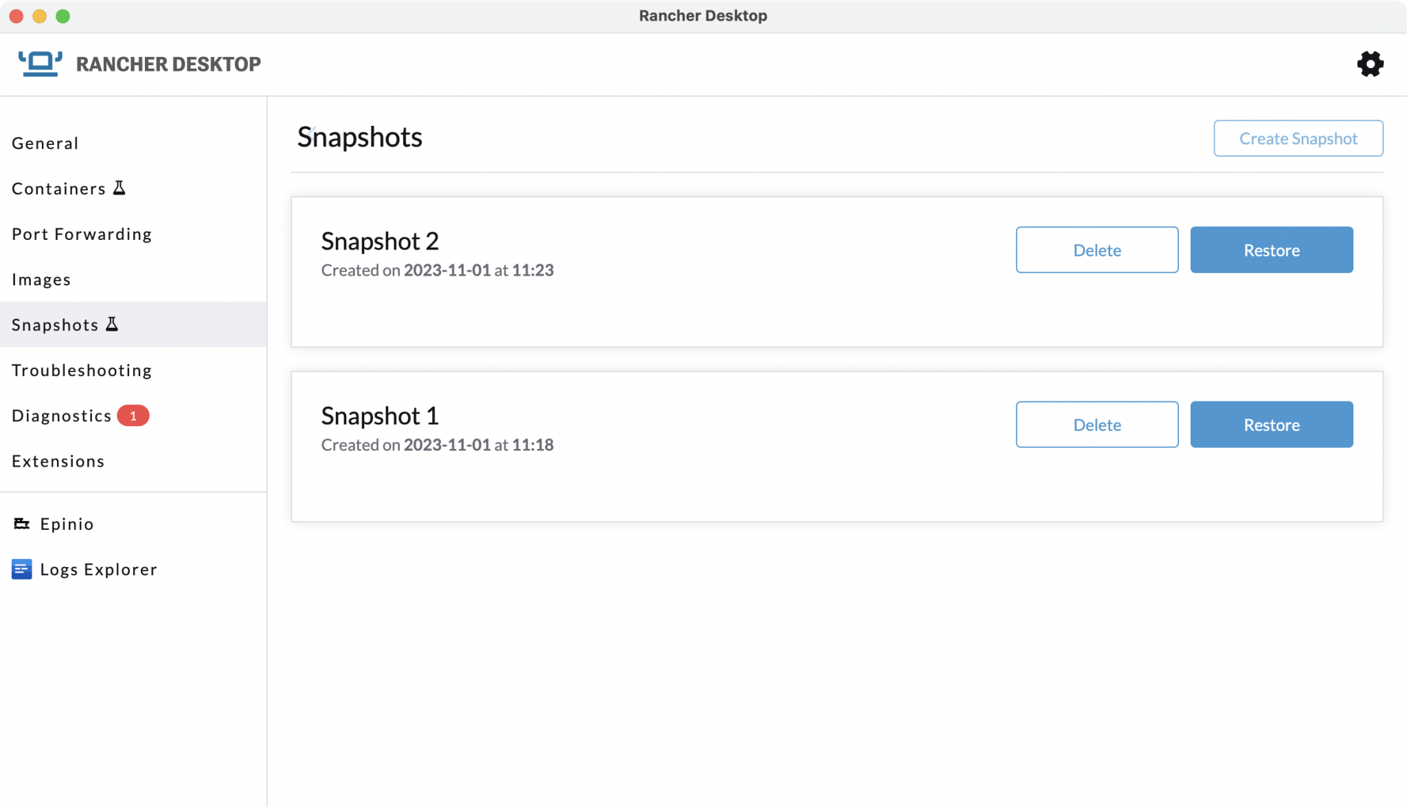 Rancher Desktop: Snapshots | Container Dashboard